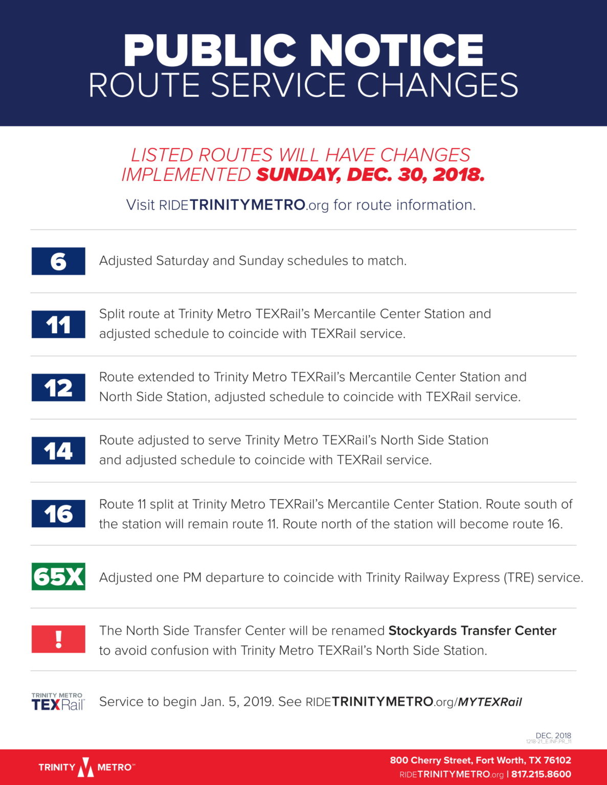 2019 Route Service Changes - Trinity Metro