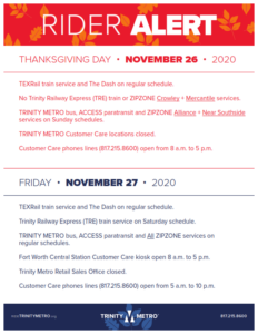 Thanksgiving holiday service - Trinity Metro