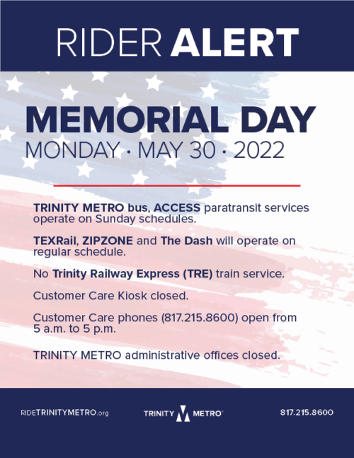 Memorial Day service changes - Trinity Metro