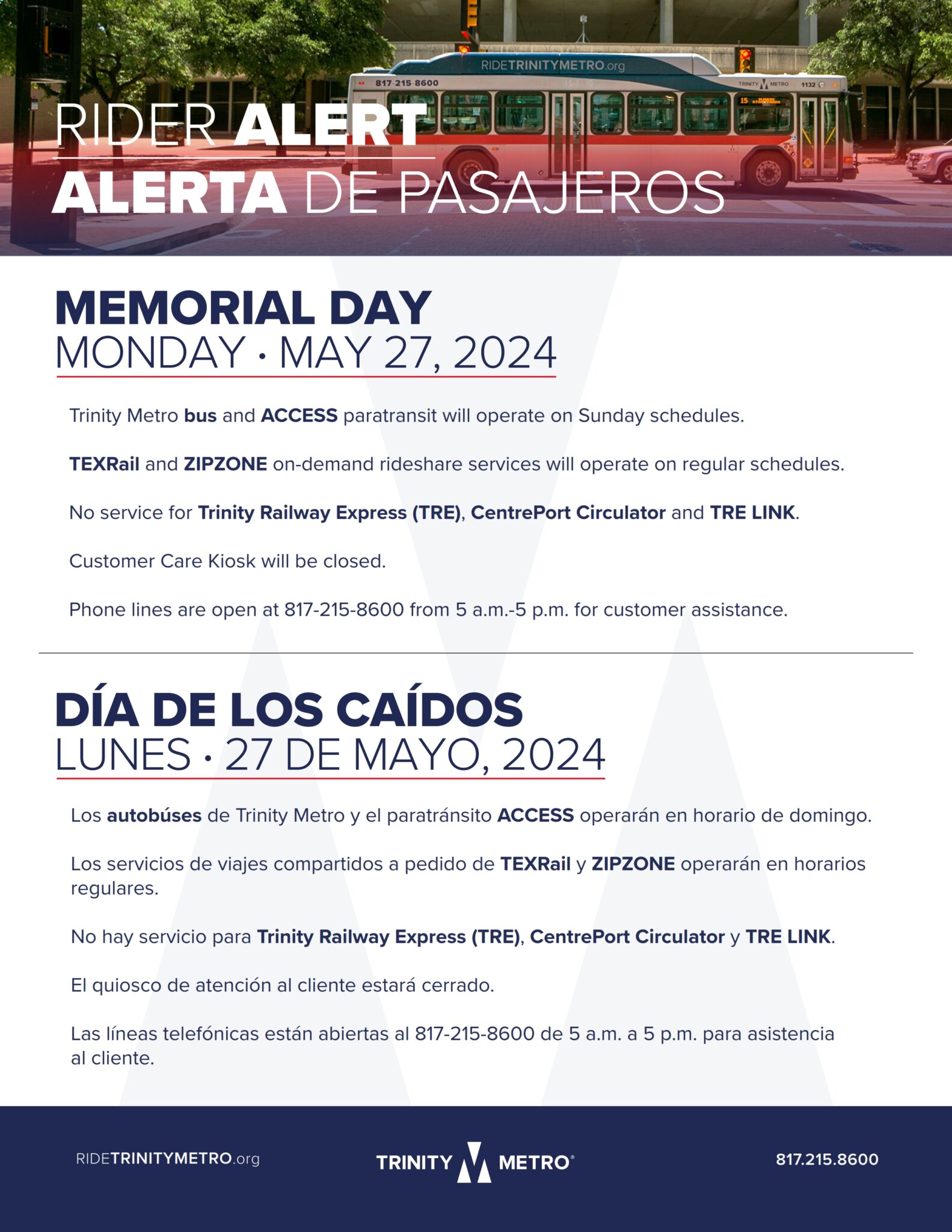 Memorial Day service modifications - Trinity Metro
