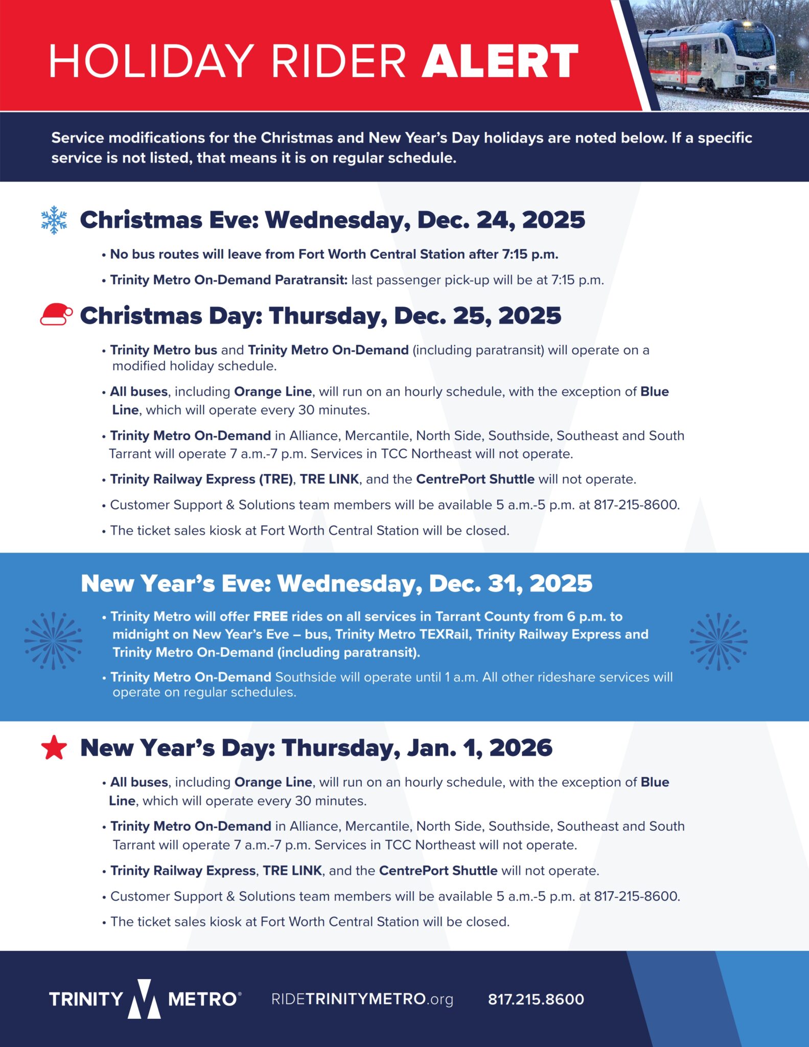 Holiday service modifications - Trinity Metro